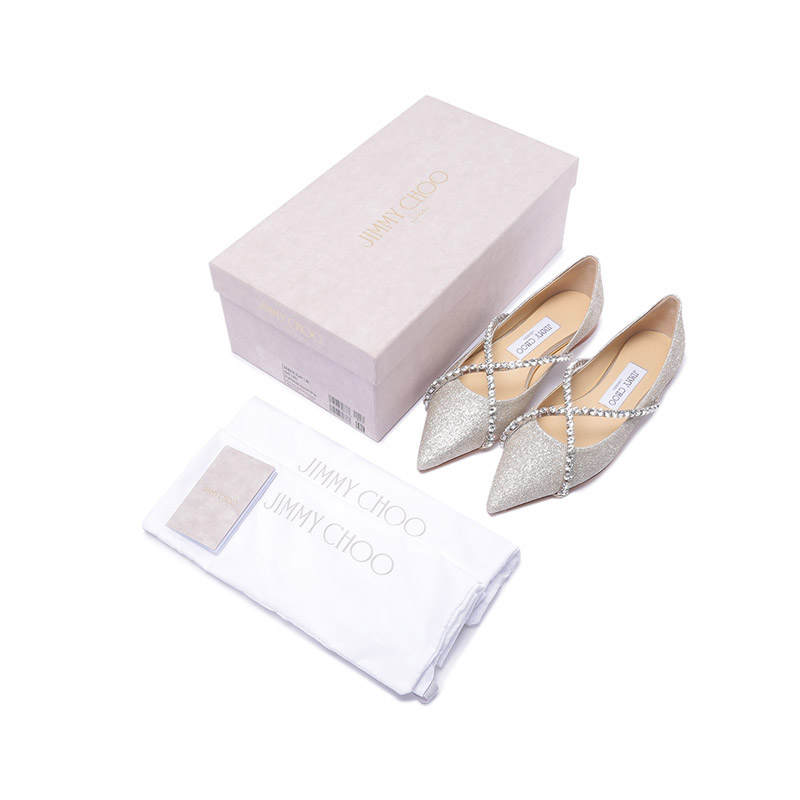 【Jimmy Choo周仰杰 平跟鞋】Jimmy Choo/周仰杰 女士闪粉面料水晶链饰尖头单鞋浅口鞋平底鞋 GENEVI FLAT GJV ...